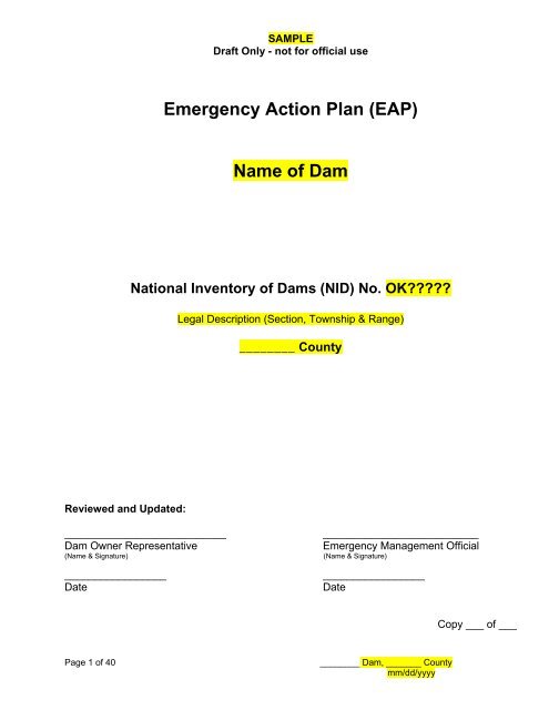 Emergency Action Plan (EAP) Name of Dam - Water Resources Board