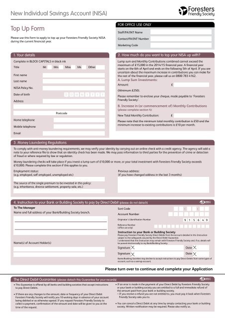 ISA Top Up Form - Foresters Friendly Society
