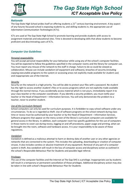 ICT Acceptable Use Policy (PDF, 114 KB) - The Gap State High School