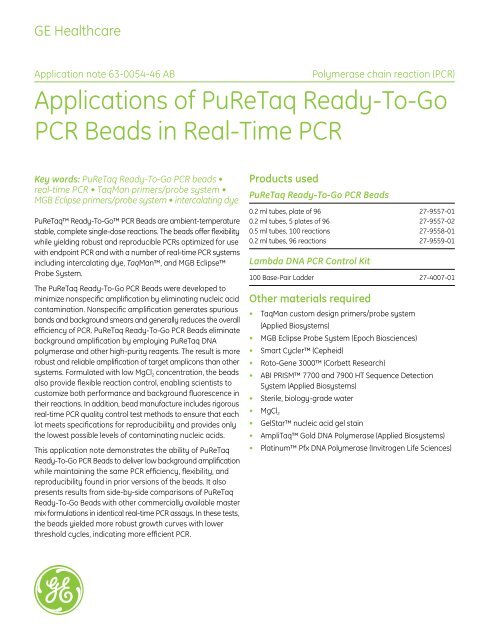 Applications of PuReTaq Ready-To-Go PCR Beads in Real-Time PCR