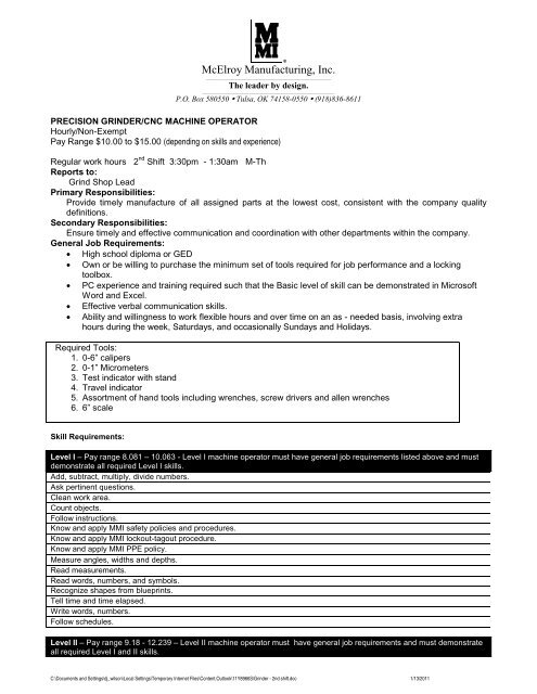 MMI JOB DESCRIPTION - McElroy Manufacturing, Inc.