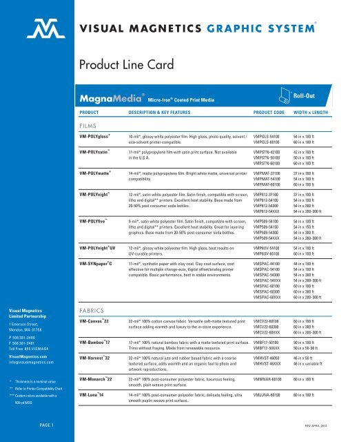 Visual Magnetics Product Line Card - Drytac