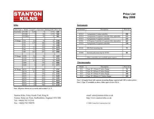 Price List May 2008 - Stanton Kilns