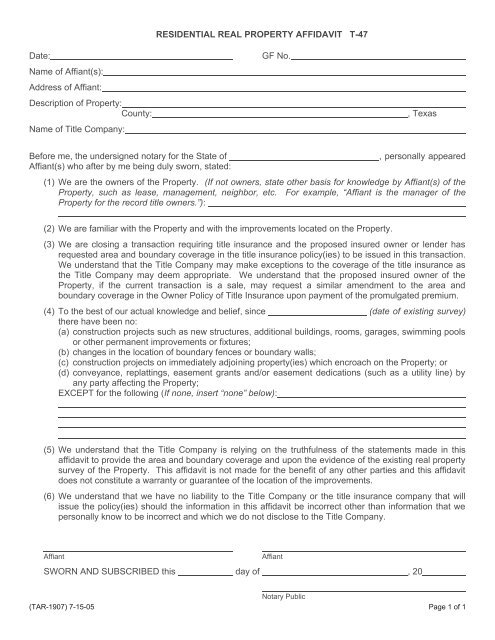T-47 Residential Real Property Affidavit - Independence Title
