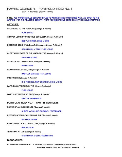 hawtin, george r. â portfolio index no. 1 - Lighthouse Library ...