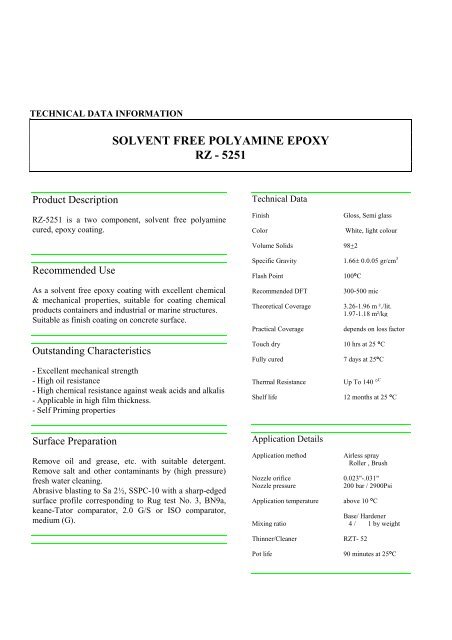 SOLVENT FREE POLYAMINE EPOXY RZ - 5251 - Ranguin Zereh