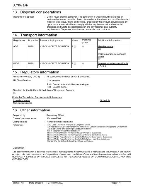 ULTRA SAN 13 . Disposal c