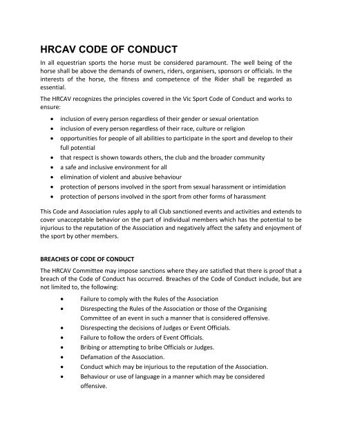 hrcav code of conduct - Horse Riding Club Association of Victoria