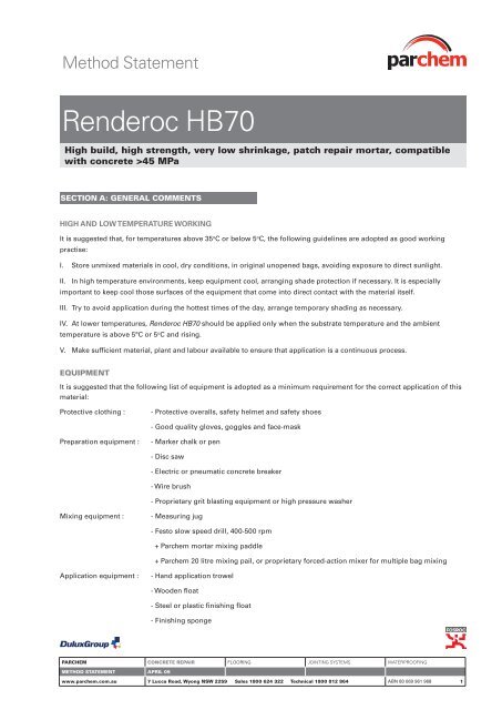 Renderoc HB70 Method Statement - Parchem