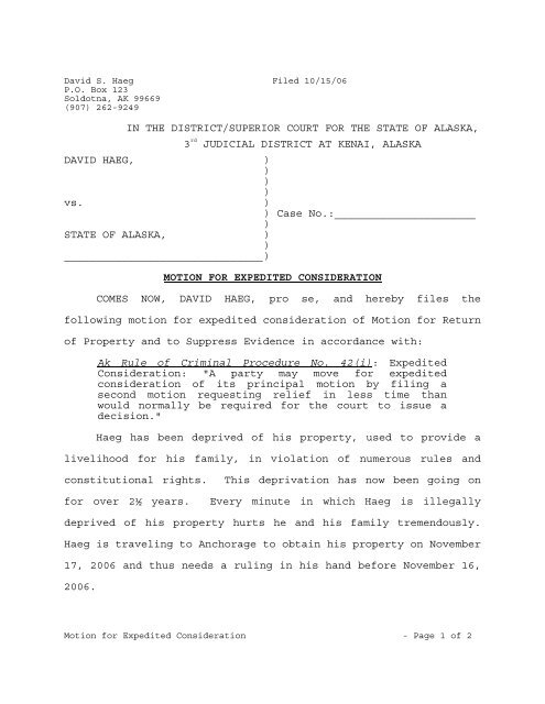 Motion for Expedited Consideration of Motion for Return of Property ...