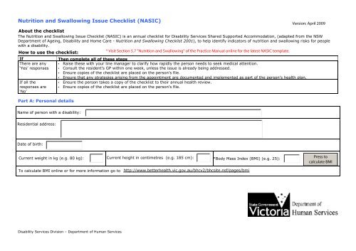 Nutrition and Swallowing Issue Checklist (NASIC) - Department of ...