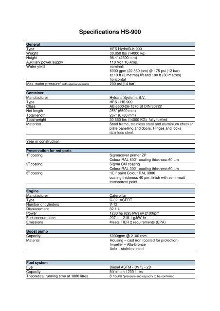 HYTRANS HydroSub 900 Specifications - Fire Fighting Technologies