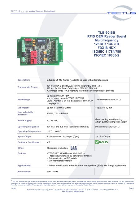 TLB-30-BB RFID OEM Reader Board Multifrequency ... - Tec-tus.com