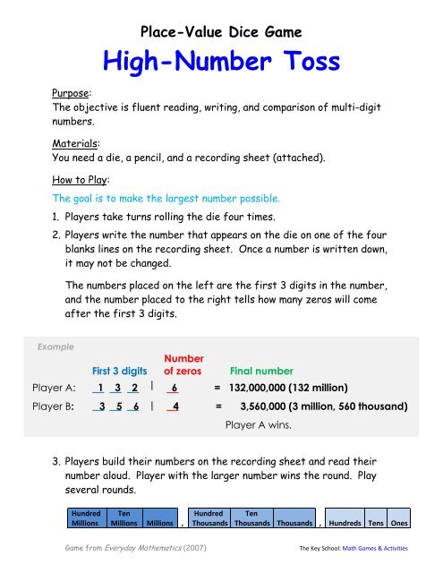 Place-Value Dice Game High-Number Toss - Key School