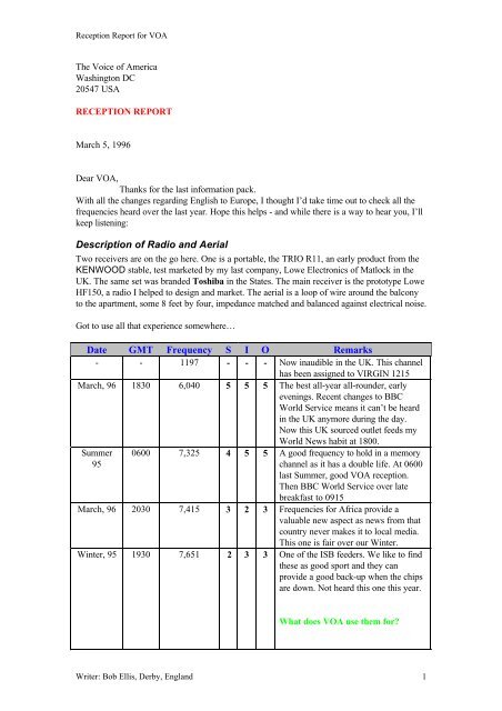 A Sample Reception Report - The Listeners Guide