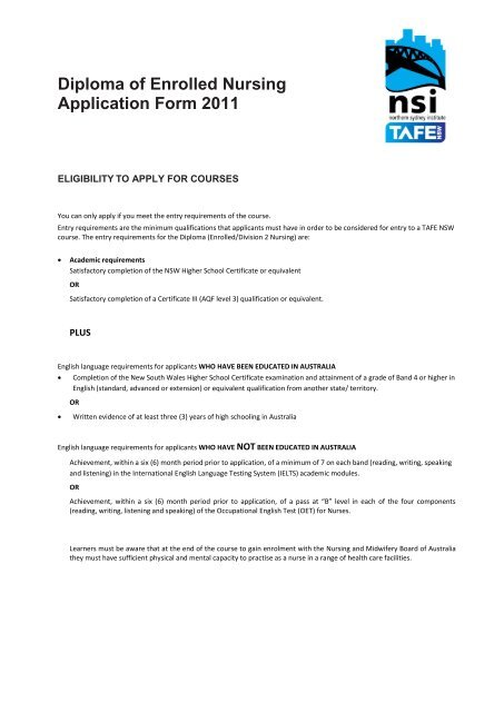 Diploma of Enrolled Nursing Application Form 2011 - TAFE NSW ...