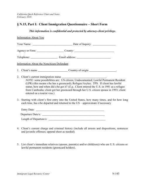 Â§ N.15, Part I: Client Immigration Questionnaire â Short Form - ILRC