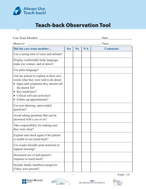 Teach-back Observation Tool - Always Events