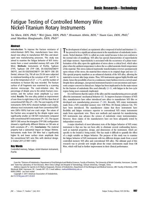 Fatigue Testing of Controlled Memory Wire Nickel-Titanium Rotary ...