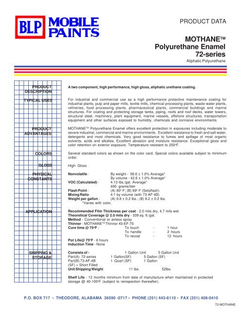MOTHANETM Polyurethane Enamel 72-series - BLP Mobile Paints