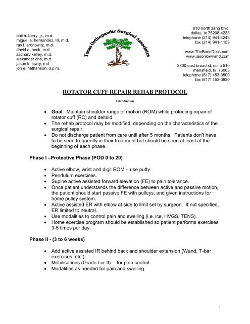 ROTATOR CUFF REPAIR REHAB PROTOCOL - Jason k. Lowry, MD