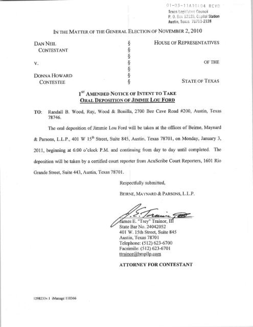 Contestant's First Amended Notice of Intent to Take Oral Deposition
