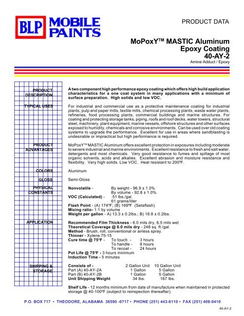 MoPoxYTM MASTIC Aluminum Epoxy Coating 40-AY-2