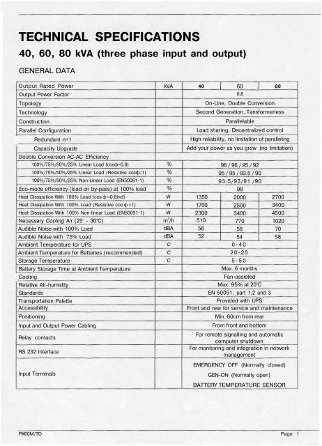 TECHNICAL SPECIFICATIONS 40, 60, 80 kVA - UPS Service Plus