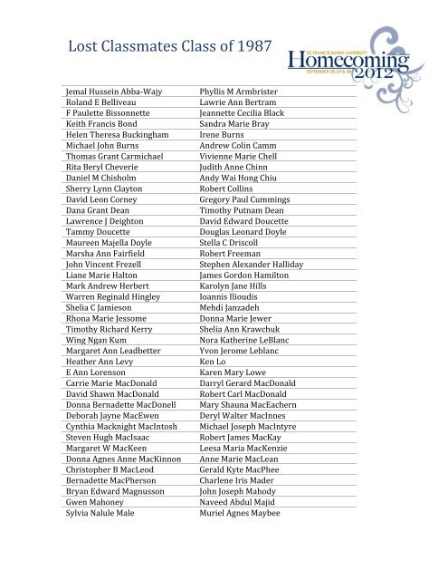Lost Classmates Class of 1987 - St. Francis Xavier University Alumni