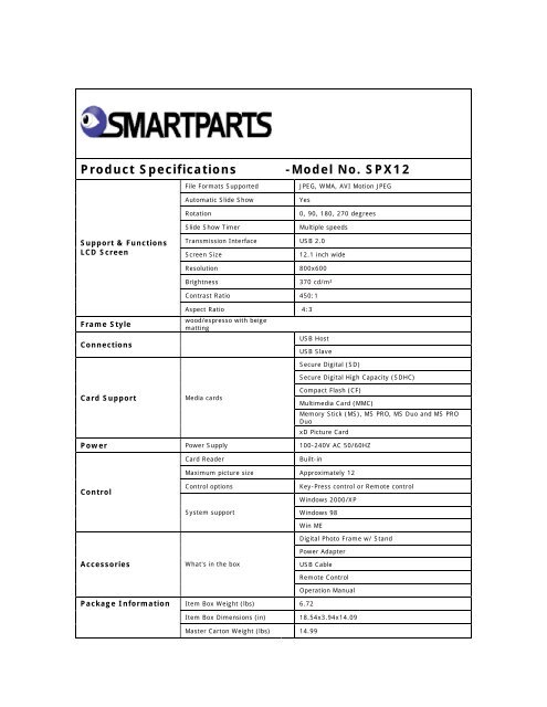 Product Specifications -Model No. SPX12 - Smartparts