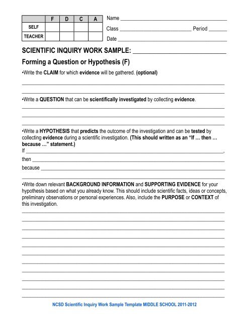 Scientific Inquiry Work Sample Template