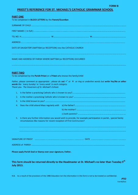 Parish Priest Form (B) - St. Michael's Catholic Grammar School
