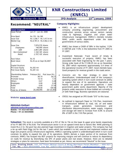 KNR Constructions Limited (KNRCL) - SPA Capital Services Ltd.