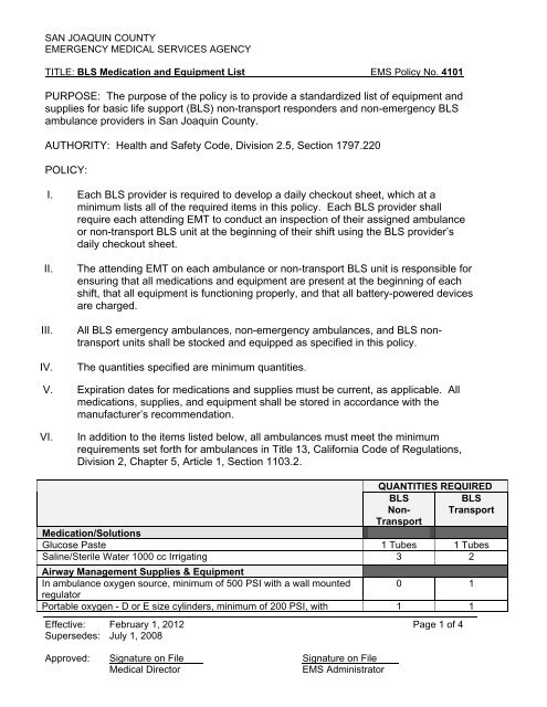 BLS Medication and Equipment List - San Joaquin County