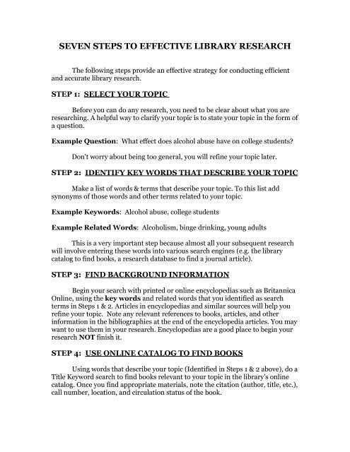 SEVEN STEPS TO EFFECTIVE LIBRARY RESEARCH