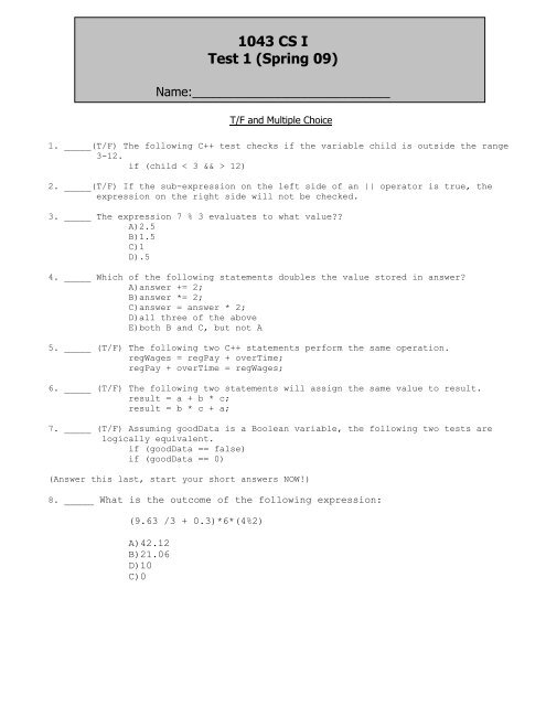 1043 CS I Test 1 (Spring 09)