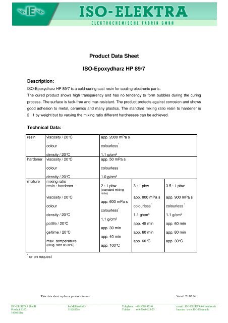 Product Data Sheet ISO-Epoxydharz HP 89/7 - ISO-ELEKTRA