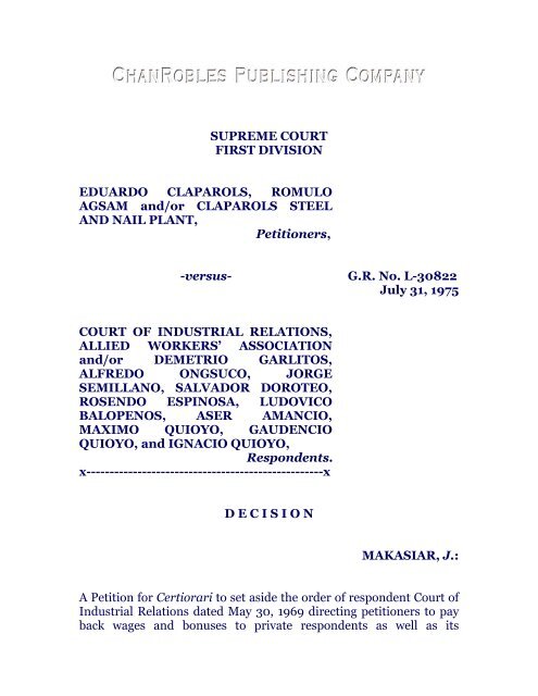 Claparols vs. Court of Industrial Relations, [65 SCRA 613]