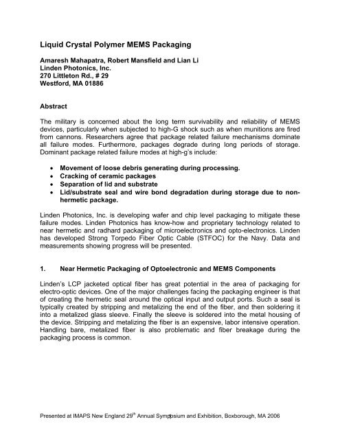 Liquid Crystal Polymer MEMS Packaging - Linden Photonics, Inc.