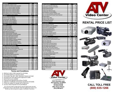 rental price list call toll free (800) - ATV Video Center
