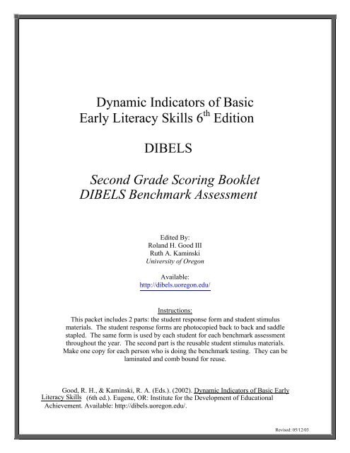 Second Grade Scoring Booklet DIBELS Benchmark Assessment
