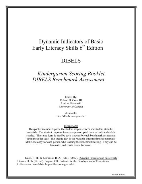 Kindergarten Scoring Booklet DIBELS Benchmark Assessment