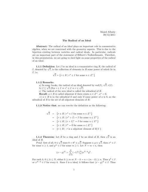 Majed Albaity 09/12/2011 The Radical of an Ideal Abstract: The ...
