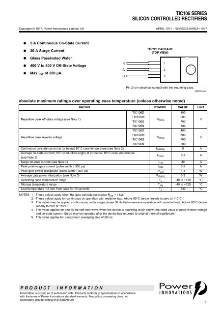 TIC106 SERIES SILICON CONTROLLED RECTIFIERS