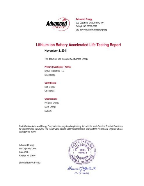 Lithium Ion Battery Accelerated Life Testing Report - Advanced Energy