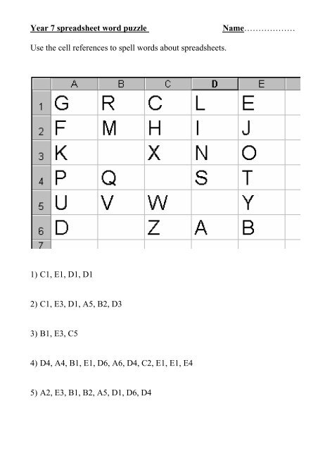 Year 7 spreadsheet word puzzle Name ... - Teach ICT