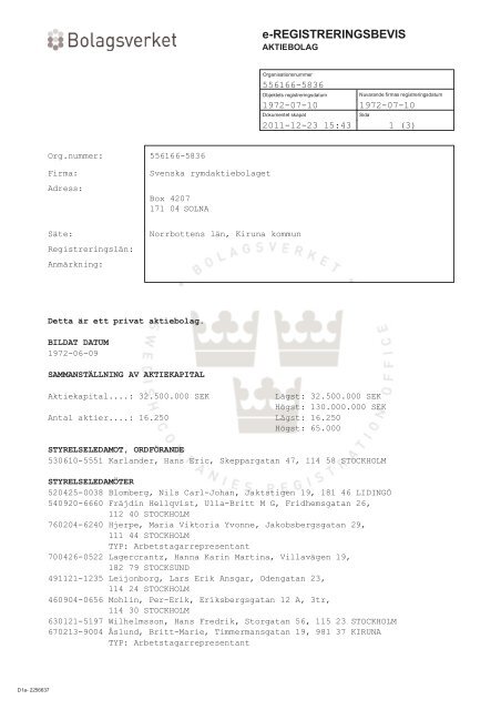 Registreringsbevis â Svenska rymdaktiebolaget - uppsagd