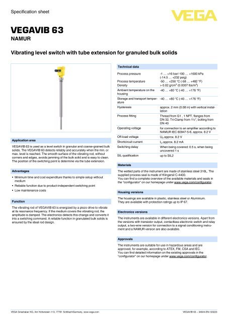 Specification sheet - VEGAVIB 63 - Vibrating level switch ... - Insatech