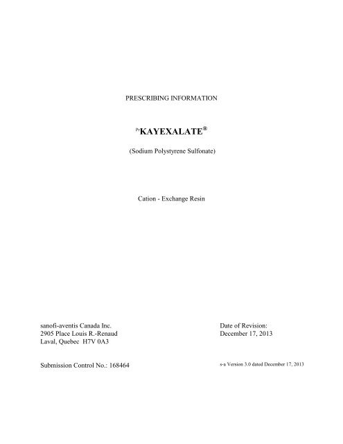 Kayexalate (sodium polystyrene sulfate) - Sanofi Canada