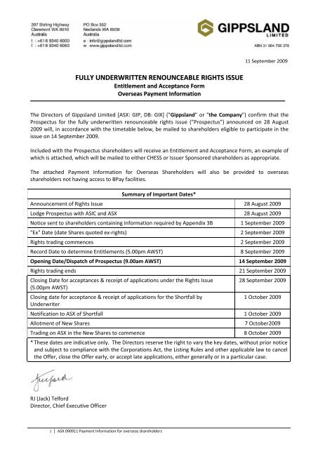 Right Issue Entitlement and Acceptance Form ... - Gippsland Limited